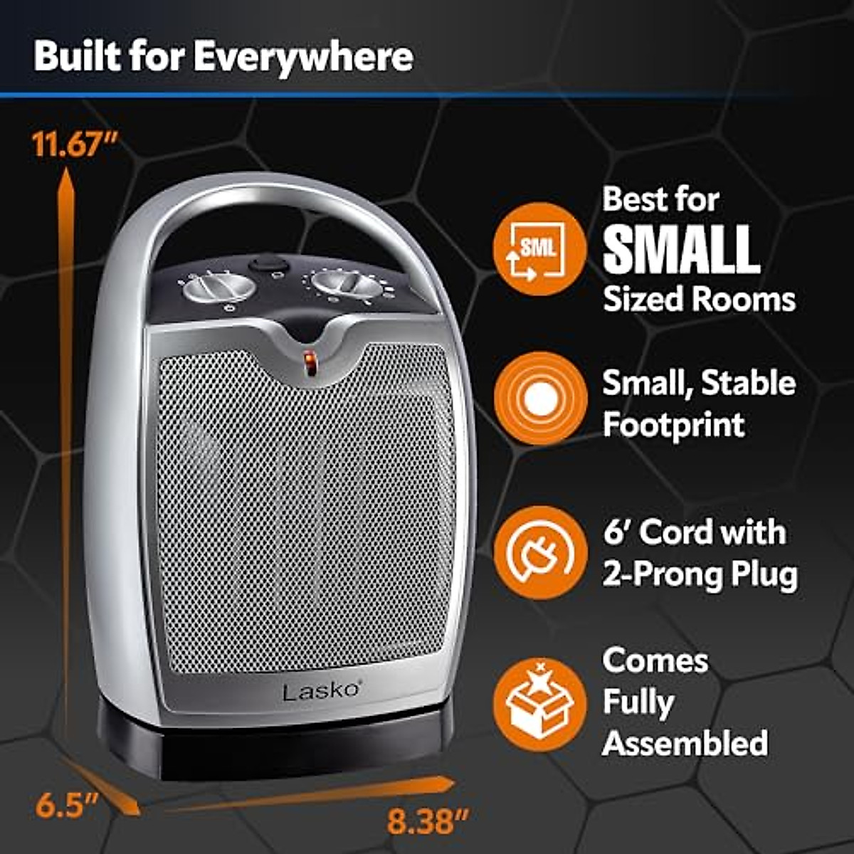 Lasko Oscillating Ceramic Tabletop Space Heater for Home with Adjustable Thermostat, Carrying Handle, 2 Speeds and Fan Only Mode, 11.6 Inches, Silver, 5409