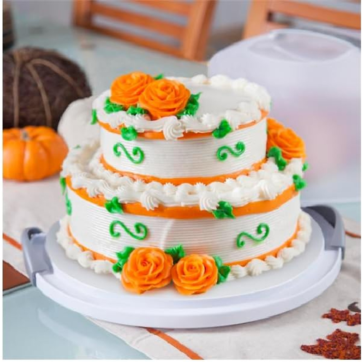 XL Cake and Cupcake Carrier & Holder, Storage Container With Lid and Handle, Holds up to 12 inch 3-layer cake, White Gray Translucent Dome - Perfect for Transporting Cakes, Cupcakes, or Other Desserts