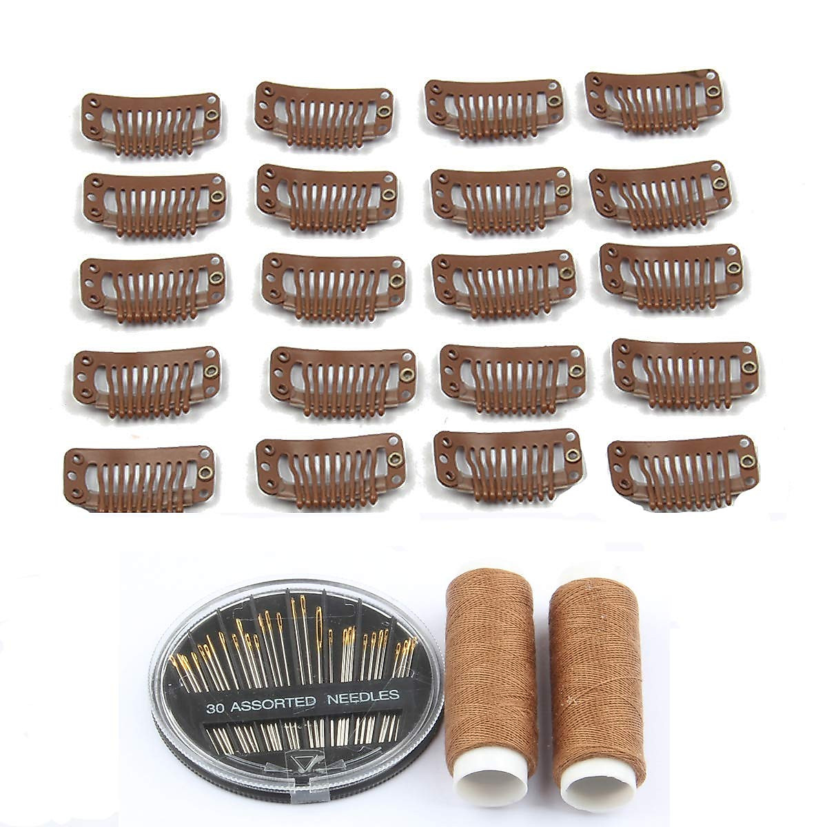 50pcs Wig Clips Stainless Steel Snap Clips for Hair Extensions DIY Wig Combs 9-Teeth 32mm 1.2g/pc, 2pcs Weaving Thread, 1set/30pcs Needles (Light Brown)