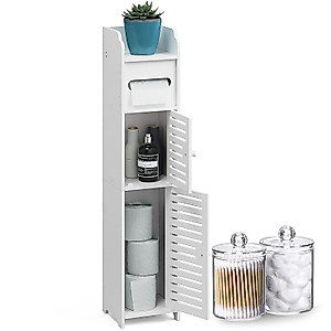 StorageBud Bathroom Storage Organizer - Floor Standing with Shelves - Includes 2 Apothecary Jars - Tall Bathroom Storage Cabinet for Toilet Paper, Towel & Other Bathroom Storage Accessories - White