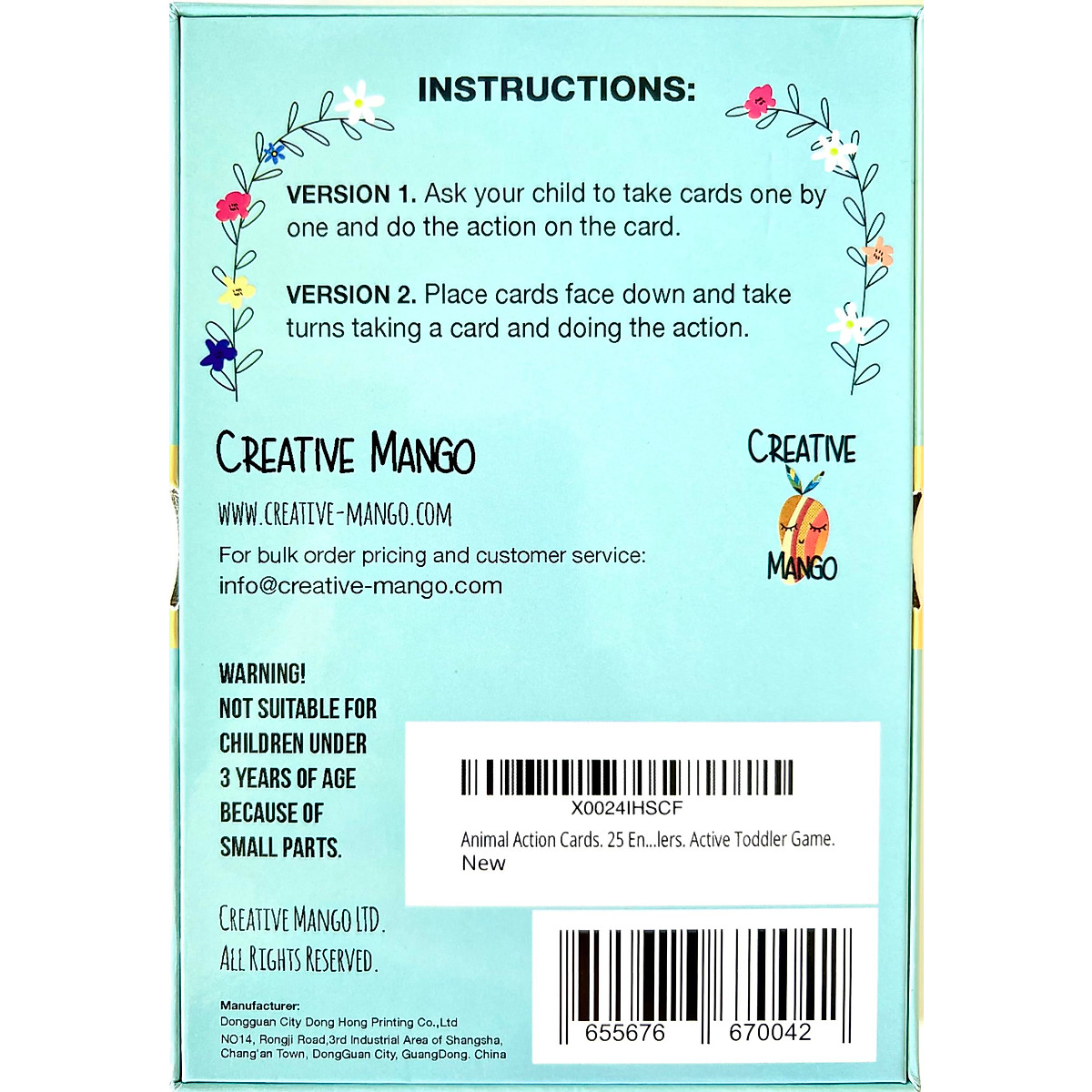 Creative Mango. Animal Action Cards. 25 Engaging Cards. Card Game for Toddlers. Active Toddler Game. 4"x6".