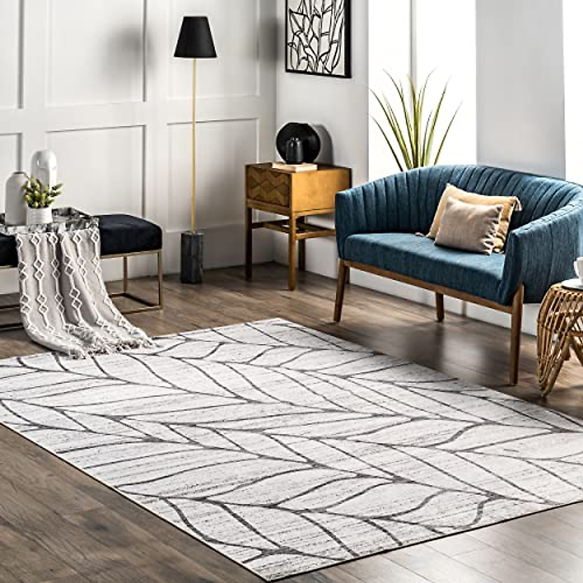 nuLOOM Lanette Abstract Leaves Machine Washable Area Rug, 8' x 10', Light Grey