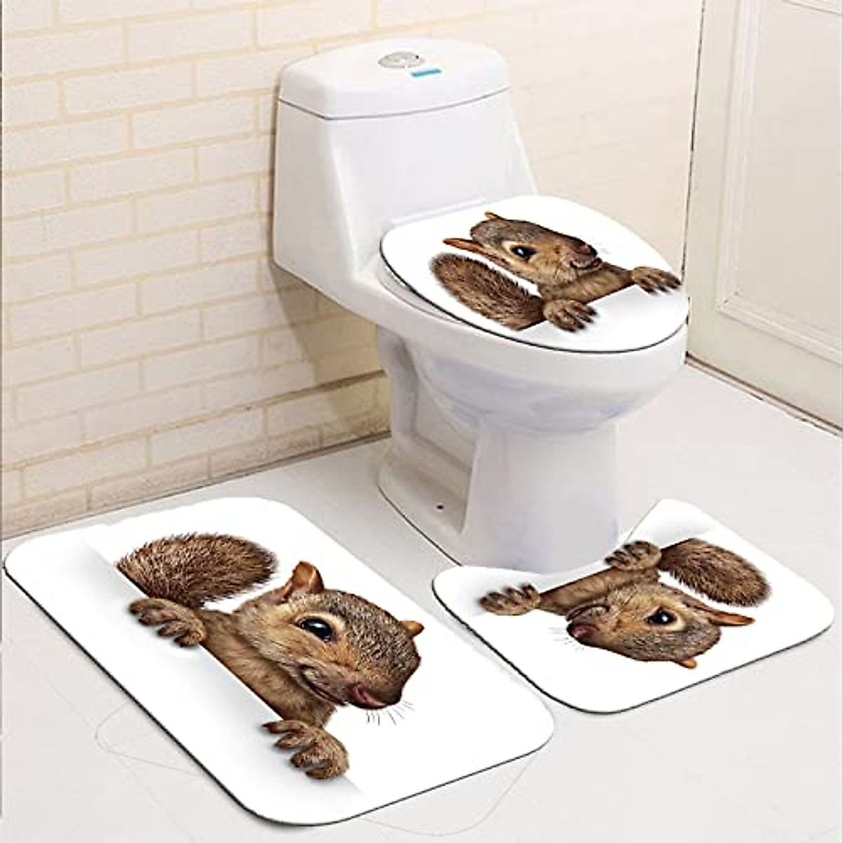 Squirrel 4-Piece Set Shower Curtains Waterproof, Animals 3D Shower Curtain Set, with Non-Slip Rug, Toilet Lid Cover and Bath Mat, for Bathroom Decoration with 12 Hooks-36" X 72"