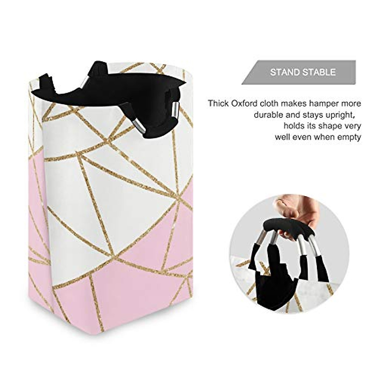 ALAZA Large Laundry Basket Nordic Pink Gold Marble Geometry Laundry Bag Hamper Collapsible Oxford Cloth Stylish Home Storage Bin with Handles, 22.7 Inch