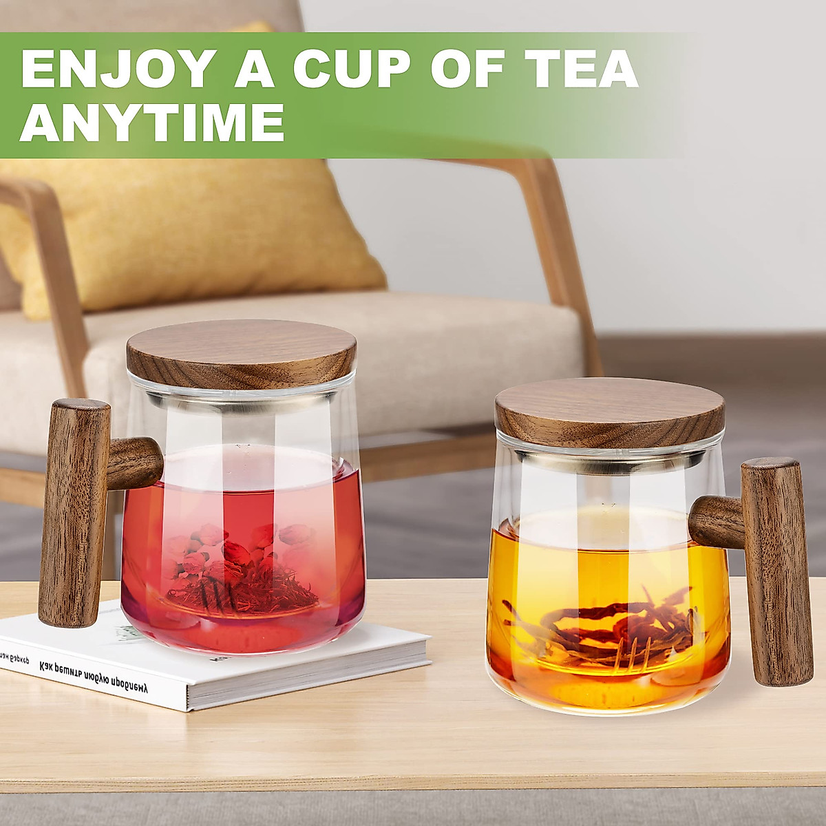 SUSTEAS 57oz Electric Kettle with Thermometer and SUSTEAS Tea Mug : Glass Teacup with Infuser and Lid, Clear Teacup for Tea Steeping at Home and Office, Clear (13.5oz)