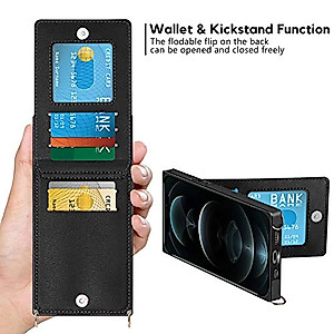 Vofolen Compatible with iPhone 12 Pro Max Case Wallet with Credit Card Holder Lanyard Crossbody Strap Leather Magnetic Clasp Kickstand Heavy Duty Protective Square Flip Cover Black