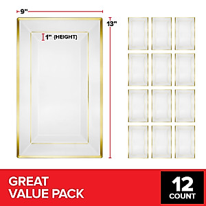 (12 Pcs) Premium White and Gold Plastic Serving Tray, Plastic Serving Platter Disposable, White Rectangle Party Trays and Platters for Fruit, Dessert, Cookies, Appetizers, Holiday Parties