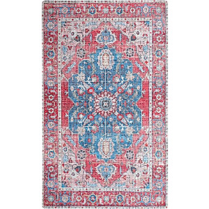 WAYYE Area Rug Non-Slip Printed Washable Low-Pile Rug for Indoor Kitchen Bathroom Bedroom Living Room Nursery (Red and Blue, 2'x3')