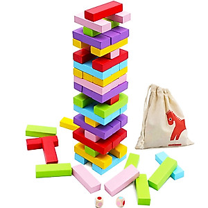 Gentle Monster Wooden Colorful Stacking Board Games Builing Blocks for Kids Boys Girls, 54 Pcs Wood Balancing Blocks Montessori Toy Gift for Kids, Classic Game for Party with Storage Bag