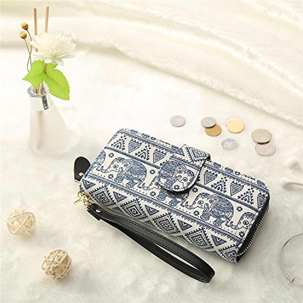 LATH.PIN Bohemian Purse Wallet Canvas Elephant Pattern Handbag with Coin Pocket and Strap (White, Large)