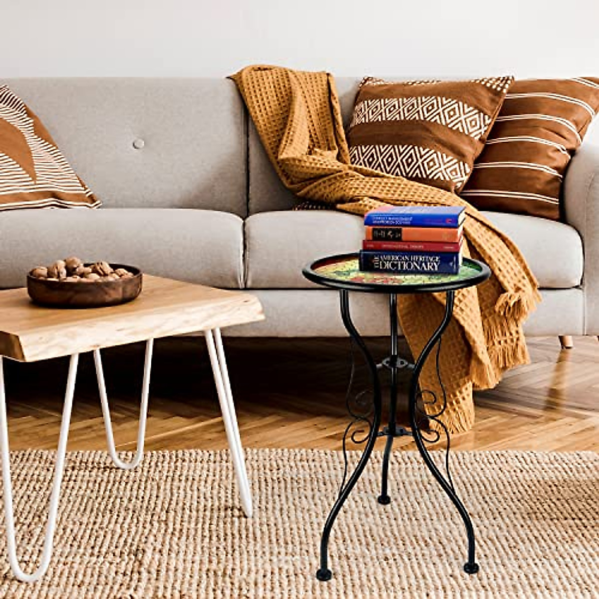 YardsBee Gecko Outdoor Side Table,Mosaic Patio Side Table,12 Inch Accent Round Side Table,Plant Table with Tile Top,Samll Metal Glass End Table for Garden Porch Patio Home