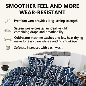 DUOMING Boho Duvet Cover Queen - 100% Cotton Navy Duvet Cover Set, Navy Blue Queen Duvet Cover with Zipper Closure & 8 Ties, 3 Piece Bohemian Duvet Cover Queen Set