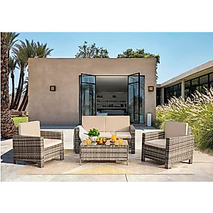 Flamaker 4 Piece Patio Furniture Outdoor Rattan Conversation Sofa Set with Patio Table and Chairs for Porch Backyard Poolside (Grey)