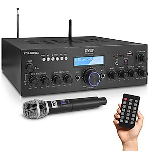 Pyle Wireless Microphone Power Amplifier System - 200W Dual Channel Sound Audio Stereo Karaoke Speaker Receiver w/USB, AUX, Microphone in w/Echo, Radio,Home Theater via RCA, Studio Use PDA8BUWM.5