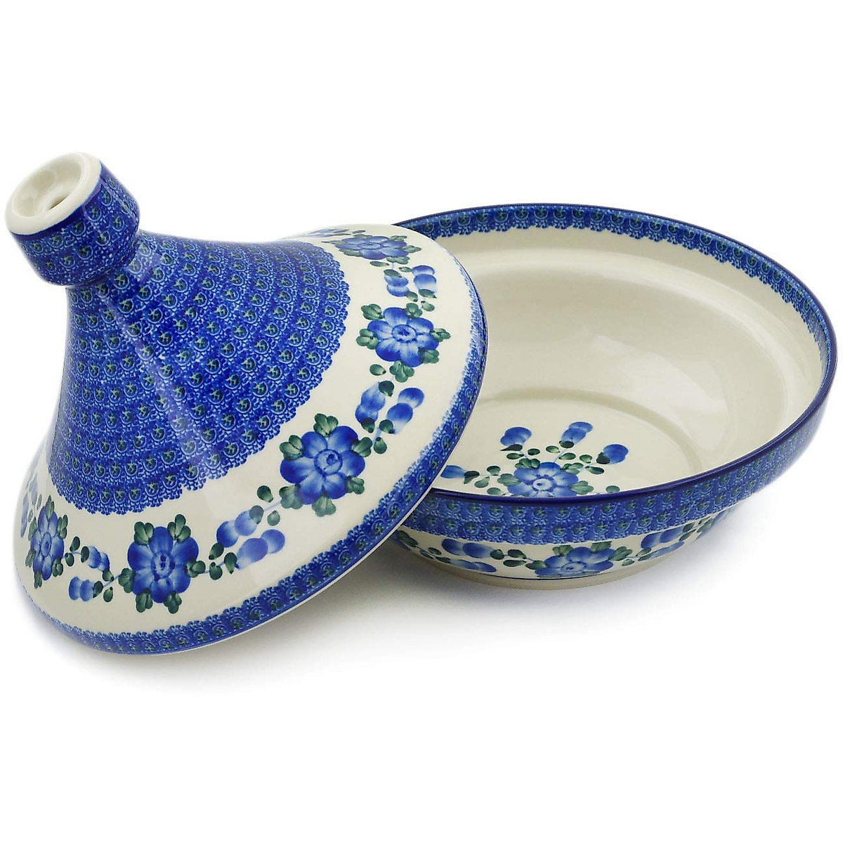 Polish Pottery 56 oz Tagine Pot made by Ceramika Artystyczna (Blue Poppies Theme) + Certificate of Authenticity