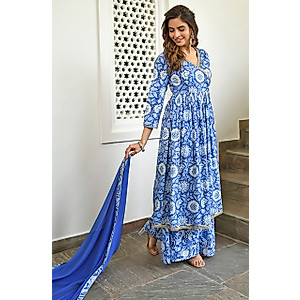 Janasya Indian Women's Blue Floral Block Printed Angrakha Kurta with Flared Palazzo and Dupatta