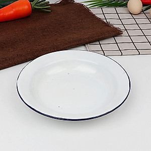 Ipetboom Enamel Plates 2pcs Enamelware Dinner Serving Platter Trays Retro White Round Shallow Bowls Vintage Enamel Basin Mixing Bowls with Blue Rim 18CM