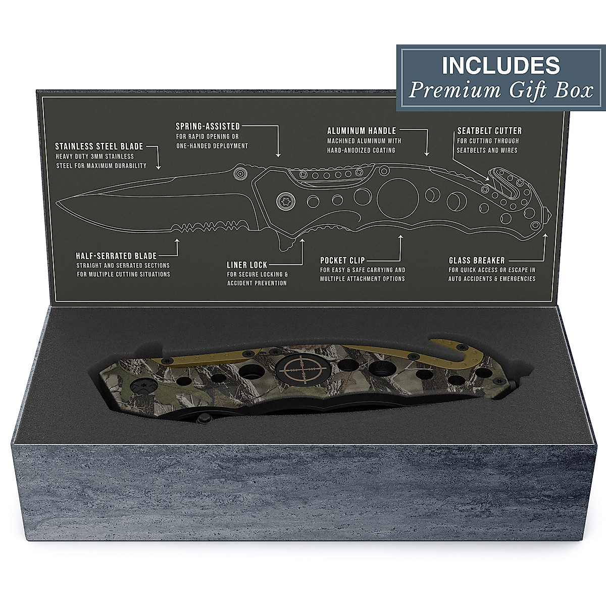 Swiss Safe 3-in-1 Tactical Knife for Military and First Responders - Hunting Camouflage