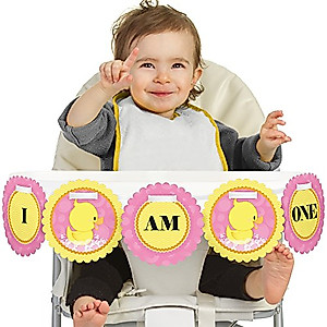 Big Dot of Happiness Pink Ducky Duck 1rst Birthday Highchair Decor - I Am One - First Birthday High Chair Banner