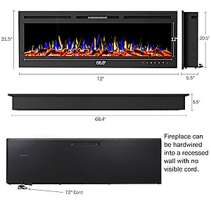 Electric Fireplace - 72 Inch LED Wall or Recessed Fireplace Heater with Front Vent,10 Ember Colors, Touchscreen, and Remote by Northwest (Black)