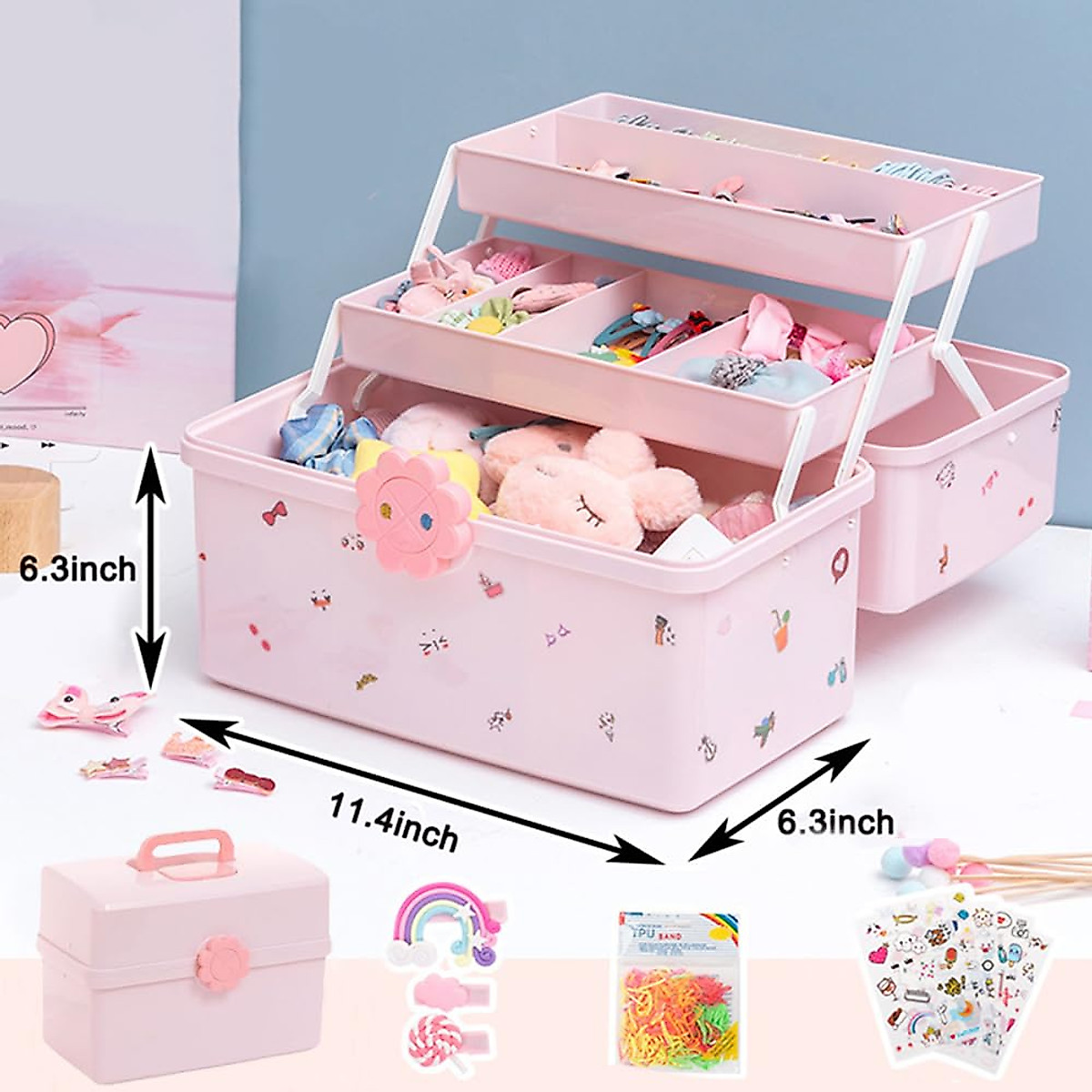 MASKMELLOW Hair Accessories Organizer for Girls,3-Layers Plastic Box with Fold Tray and Handle, Portable Lockable Container for Art Supply, Makeup, Nail, Hair Accessories1