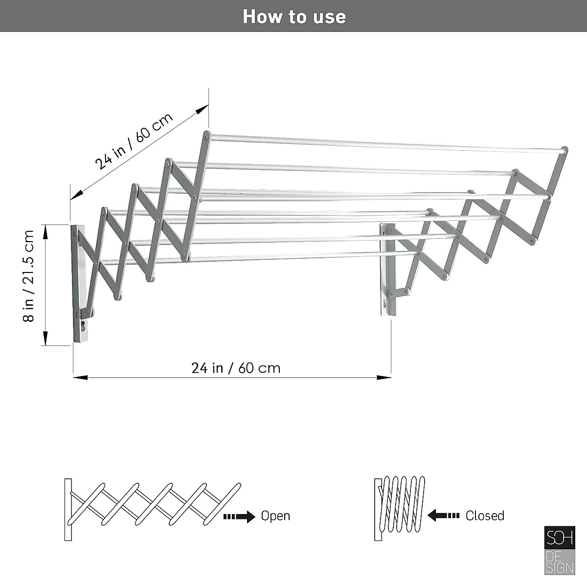 SOH DESIGN Wall Mount Clothes Drying Rack, Aluminum 8 Rods Expandable Wall Drying Rack for Laundry, Bathroom, Balcony, Indoor-Outdoor Use, 24 in wide