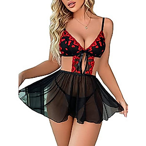 WDIRARA Women's Floral Embroidery Mesh Split Cut Out Babydoll Lingerie Slip Dress Red Heart and Black M