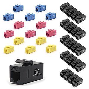 VCE UL Listed 25-Pack CAT6 RJ45 Keystone Inline Coupler-Black Bundle with 15-Pack Blue+Red+Yellow CAT6 Keystone Coupler
