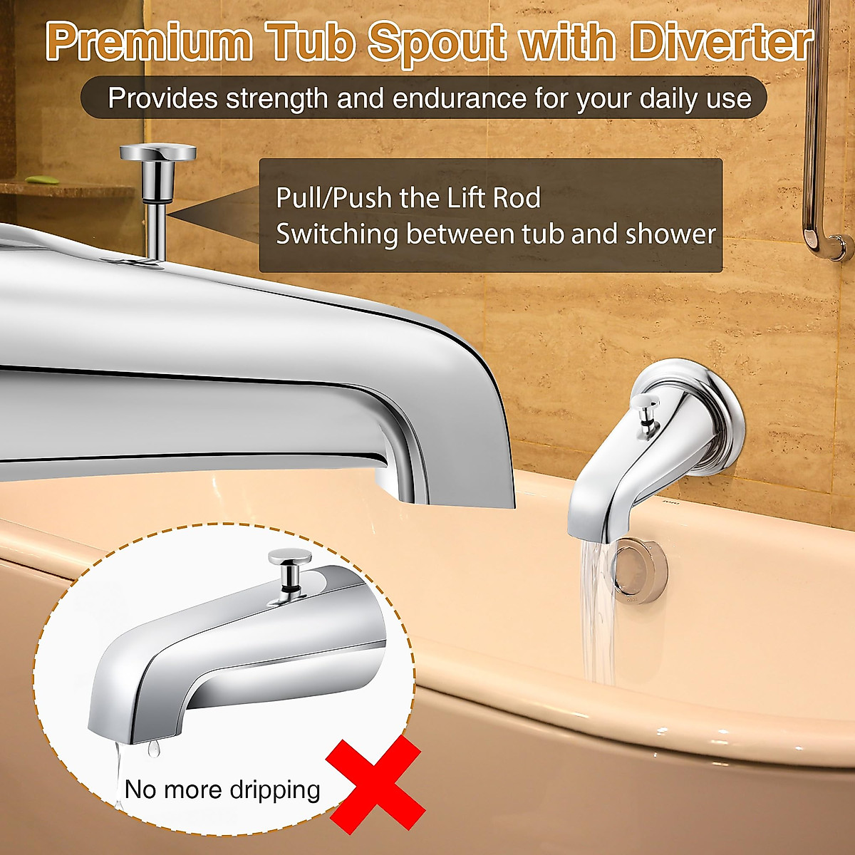 Enhon Tub Spout with Rear Diverter, Bathtub Spout Fitting 1/2-Inch or 3/4-Inch IPS, 5-1/4 Inch Length Bathroom Bathtub Faucet with Adapter, Chrome Finish