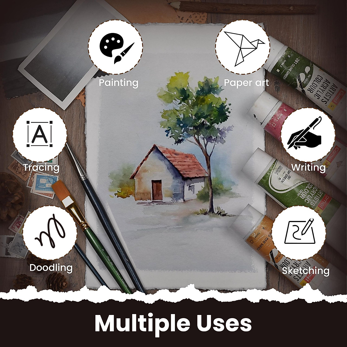 Watercolor Paper - 6 X 4 inches - Mixed Media Watercolor Paper - 200 GSM Thick Deckle Edge Virgin Cotton Handmade Paper - Off White