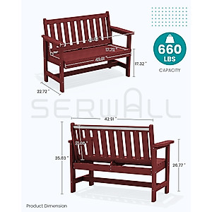 SERWALL Outdoor Bench, HDPE Outdoor Benches Weatherproof, 2-Person Garden Bench with 660 lbs Weight Capacity, Patio Benches for Outdoors, Garden, Porch, Backyard and Park, Red