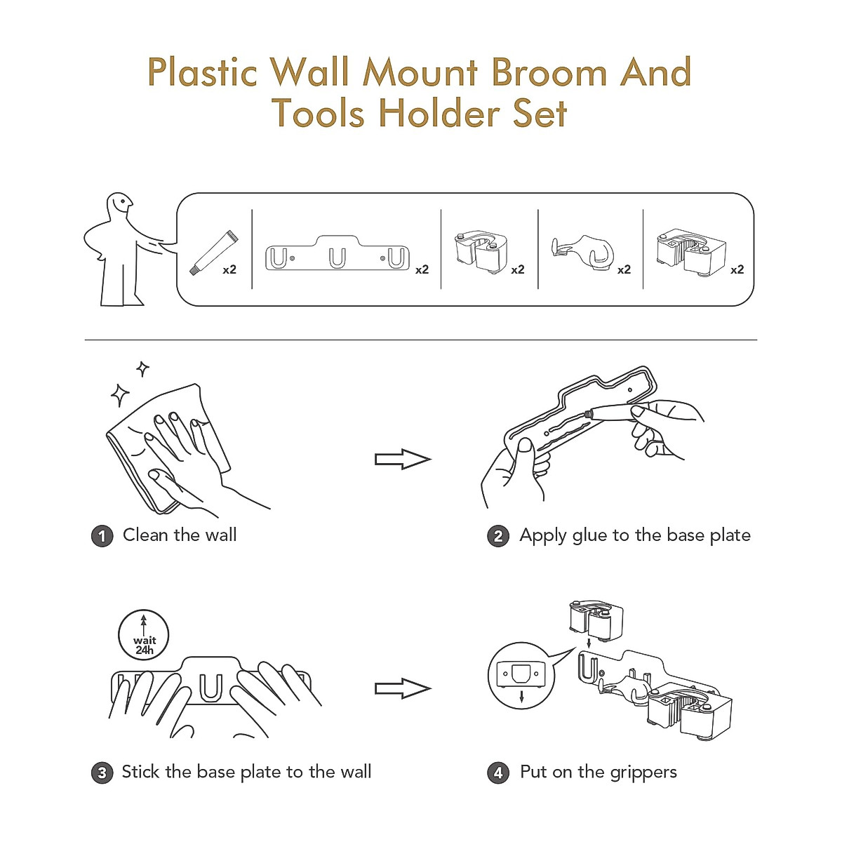 DrDirt Plastic Broom Holder Wall Mount Set,Tool Organizer Broom Holder for Home Kitchen Bathroom Laundry Room Closet Garden Garage, Gray