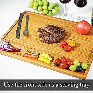 Large Bamboo Wood Cutting Board for Kitchen, Butcher Block, Chopping Cheese Carving Board, Serving Tray with 3 Built-In Dividers And Juice Grooves (17x12.6x0.62 Inch)