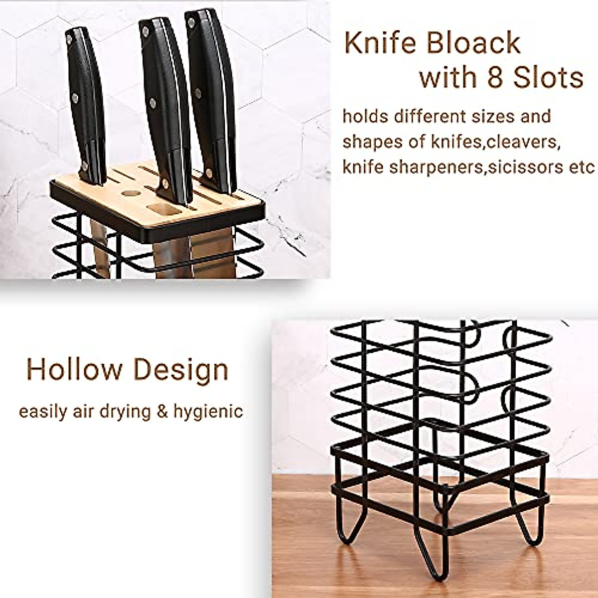 LINFIDITE Knife Block Holder Universal Kitchen Knife Organizer Storage Stand 8 Slots Top Hollow Iron Wire Safe to Use Different Size Shape Knife Sharpeners Scissors Kitchen Countertop Black