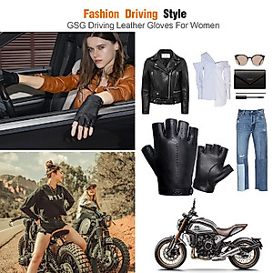 GSG Women's Driving Gloves Fingerless Leather Motorcycle Gloves Unlined Half Finger Black Medium