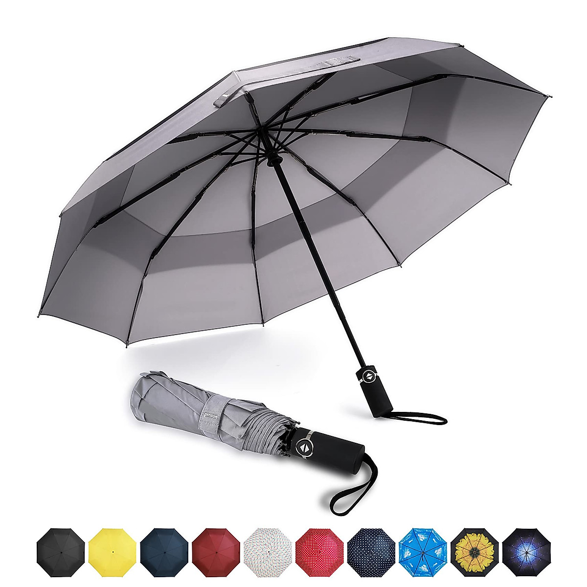 Amazon Brand - Pinzon Umbrella Compact Travel Umbrellas Strong Durable Windproof Umbrella for Rain Portable Umbrella with Teflon Coating - Reinforced Canopy, Ergonomic Handle, Auto Open/Close - Grey