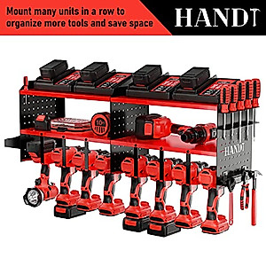 HANDT Power Tool Organizer, Wall Mount Drill Holder Garage Storage Rack, Pegboard Screwdriver Holder with Magnet Bar & Organization Bin, Cordless Drill Battery Charging Station Utility Shelf, Red