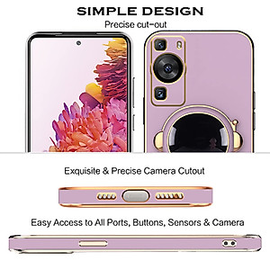 Compatible with Huawei P60 Pro Case for Women Men, Ultra Soft Huawei P60 Pro Phone Case with Stand Silicone TPU Plating Cute Astronaut Pattern Cases Cover (Purple)