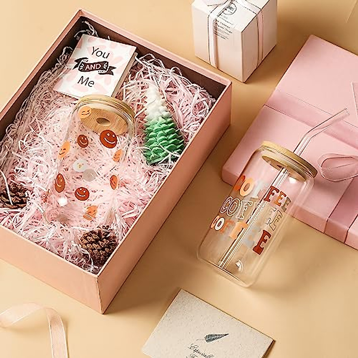 Glass Cups with Lids and Glass Straws with Design 4pcs Set - 16oz Cute Iced Coffee Sublimation Glasses, Beer Can Shaped Drinking Glasses Tumbler, Coffee Bar Accessories, Aesthetic Housewarming Gifts