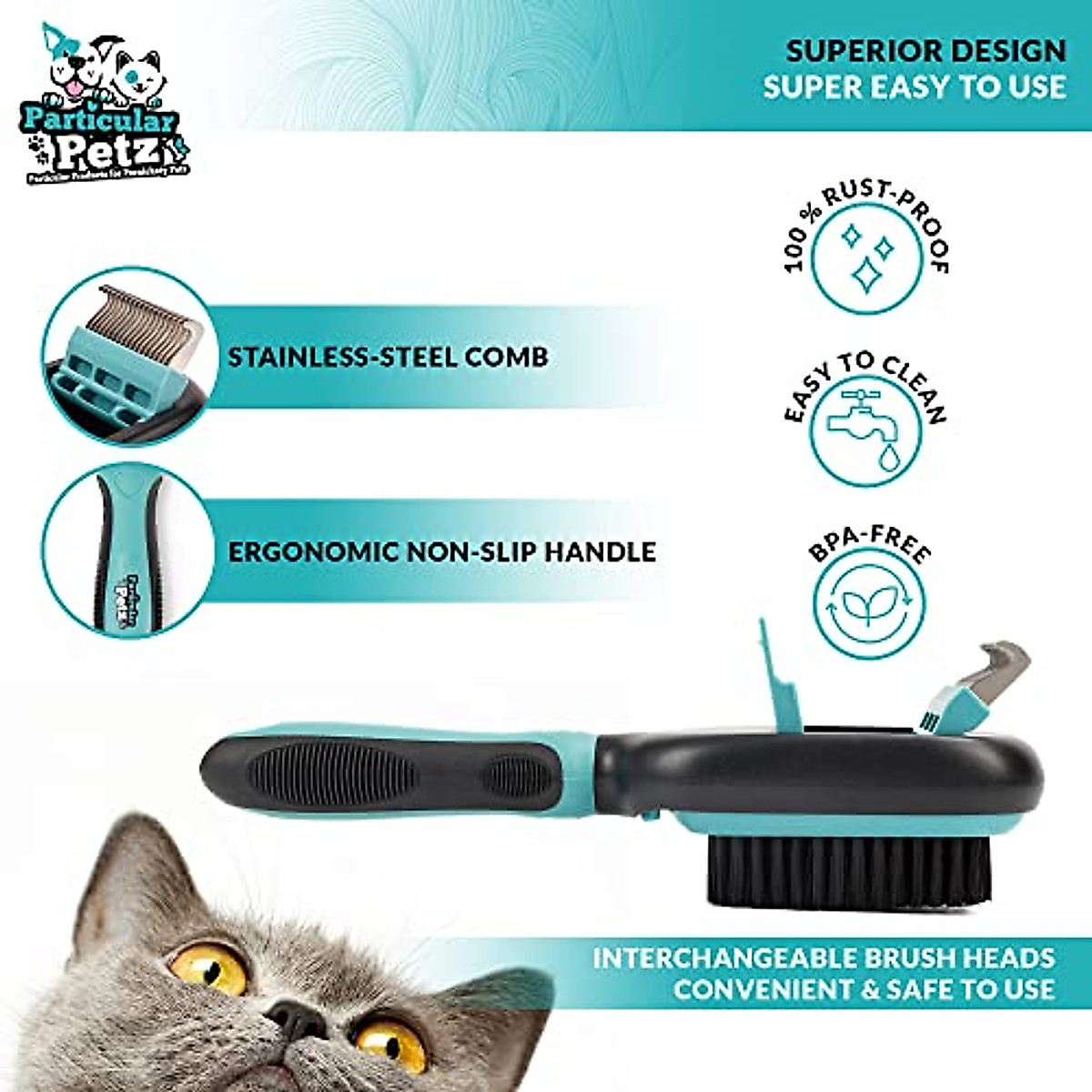 Paticular Petz Cat Brush 5-in-1 Set Cat Brushes for Indoor Cats - Cat Brush for Shedding, Dematting Comb, Bristle & Pin Brush, Massage Brush & Bag