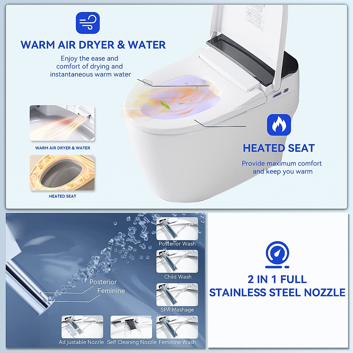 Smart Toilet with Bidet Built in, Bidet Toilet with Heated Seat, Automatic Flush, Dryer, Night Light, Digital Display