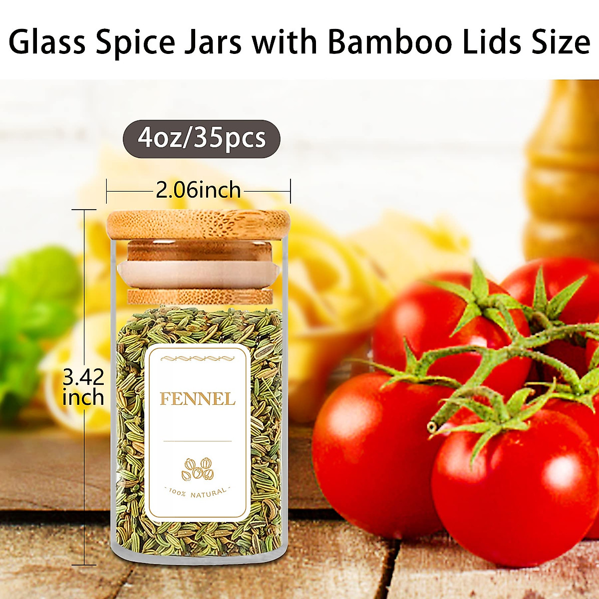 BGraceyy Spice Jars with Labels, 35 Pcs 4 oz Glass Spice Jars with Bamboo Lids, Minimalist Stackable Airtight Spice Containers with 426 labels for Home Kitchen, Pantry, Spice Cabinet, Drawer, Rack
