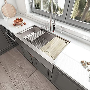 Sinber 36" x 20" x 10" Farmhouse Apron Single Bowl Workstation Kitchen Sink with 16 Gauge 304 Stainless Steel Satin Finish 6 Accessories KSS0006S-OJ