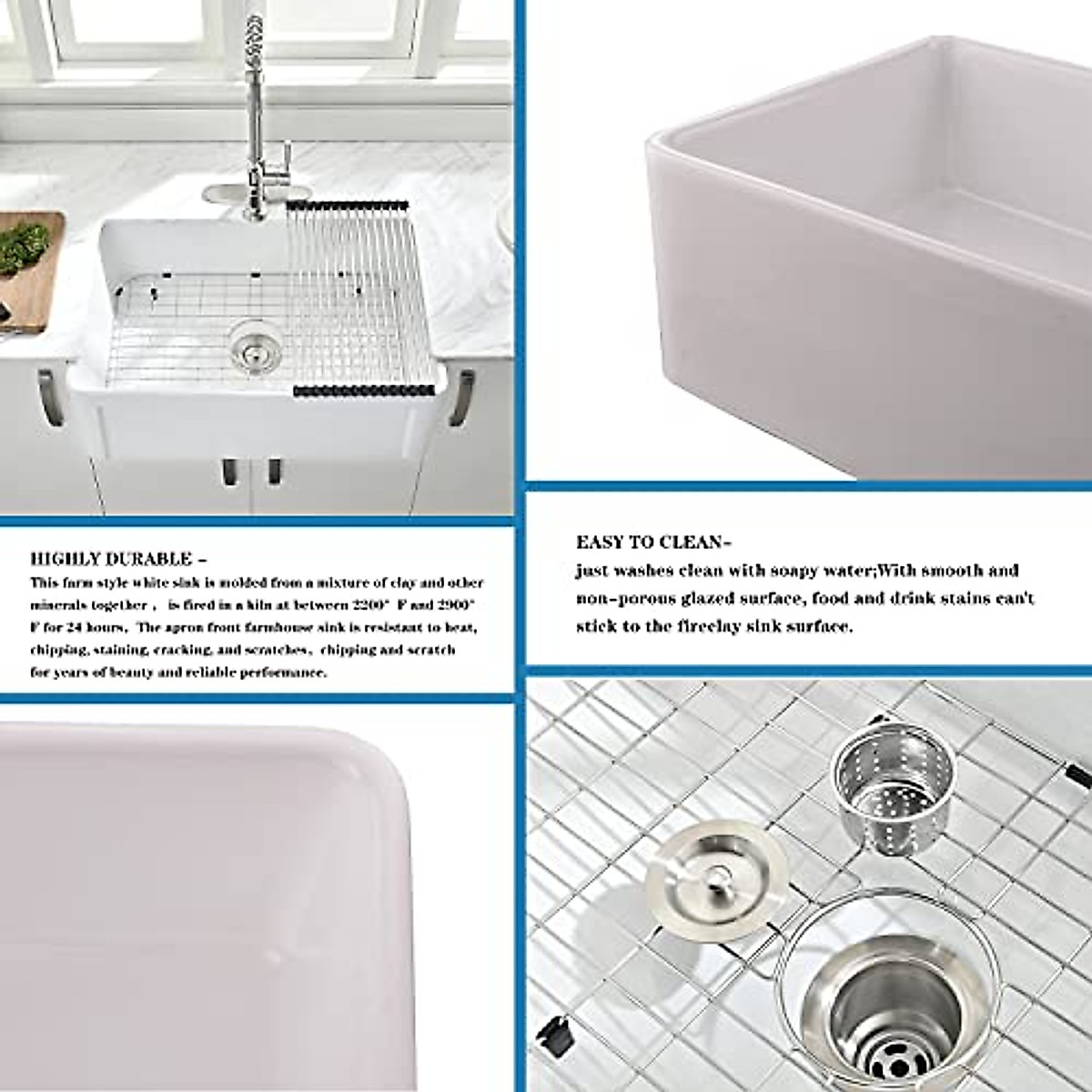 Farmhouse Sink - VOKIM 30 Inch Fireclay White Farmhouse Sink Deep Apron Front Kitchen Sink Single Bowl Handcrafted Farm Sink