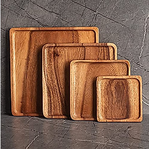 SiamMandalay Luxury Square Acacia Wood Nesting Plates/Trays/Charger (Set of 4): Wooden Serving Dishes for Platters & Desserts Kitchen Serveware or Dinner Party Gift