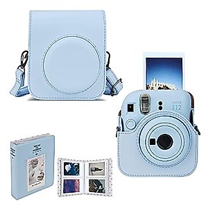 Solid color instant camera case compatible with Fujifilm Instax Mini 12 instant camera -mini 12 camera case PU leather bag with pocket and adjustable shoulder strap and 64 Pocket Album (Sky Blue)