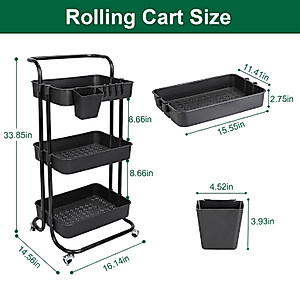 Rolling Metal Cart Kitchen Vegetable Fruits Rack Stand Movable Multi-Purpose Storage Shelf Trolley 3-Tier Utility Cart with Wheels (Black)