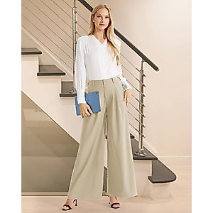 VILIGO Wide Leg Pants for Women High Waist Work Trousers Business Casual Loose Dress Palazzo Flowy Pleated Pants Khaki XL