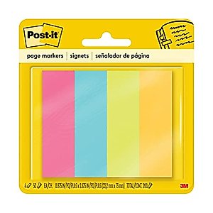 Post-it Page Markers, Assorted Colors, 1 in x 3 in, 50 Sheets/Pad, 4 Pads/Pack (671-4AU)