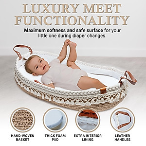 Premium Baby Changing Basket with Leather Handles and Plush Foam Pad - Changing Basket for Baby Dresser - Works great as Changing Table Basket and Baby Change Basket - Baby Changing Basket for Dresser